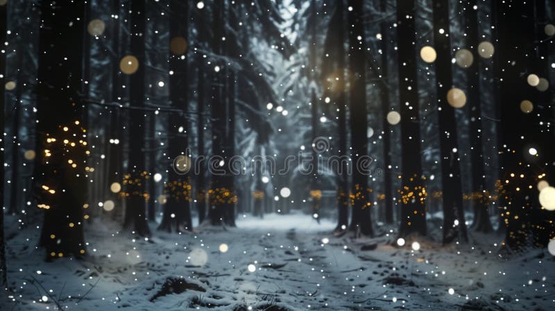 Snow Falling at Night in a Snowy Dark Forest with Light Stock ...