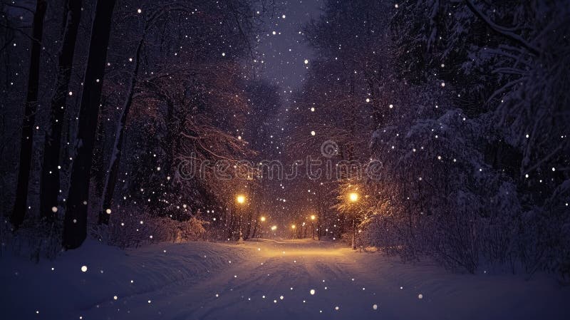 Snow Falling at Night in a Snowy Dark Forest, Lights and Stars Stock ...