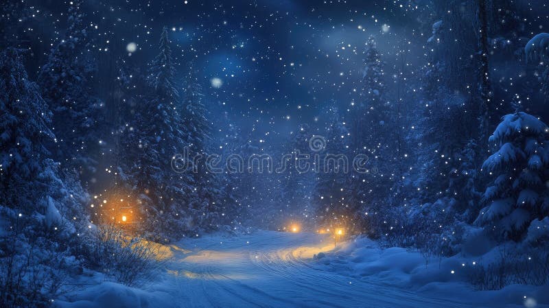 Snow Falling at Night in a Snowy Dark Forest, Lights and Stars Stock ...