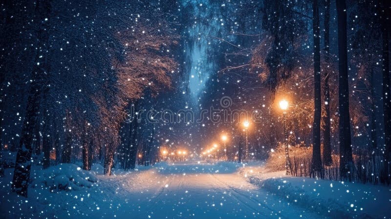 Snow Falling at Night in a Snowy Dark Forest, Lights and Stars Stock ...