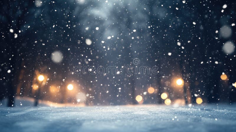 Snow Falling at Night in a Snowy Dark Forest, Lights and Stars Stock ...