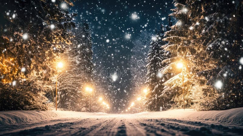 Snow Falling at Night in a Snowy Dark Forest, Lights and Stars Stock ...