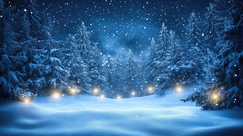 Snow Falling at Night in a Snowy Dark Forest, Lights and Stars Stock ...