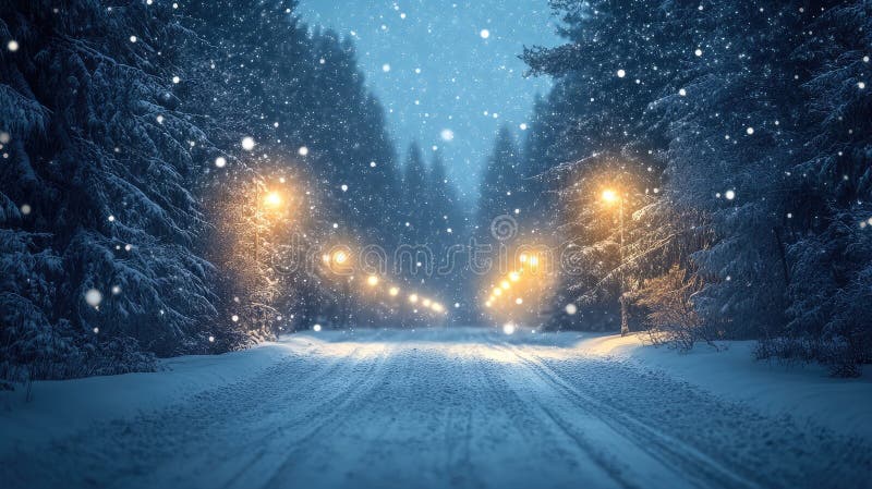 Snow Falling at Night in a Snowy Dark Forest, Lights and Stars Stock ...