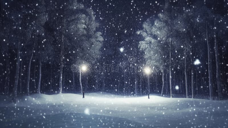 Snow Falling at Night in a Snowy Dark Forest, Lights and Stars Stock ...