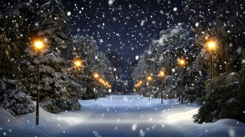 Snow Falling at Night in a Snowy Dark Forest, Lights and Stars Stock ...