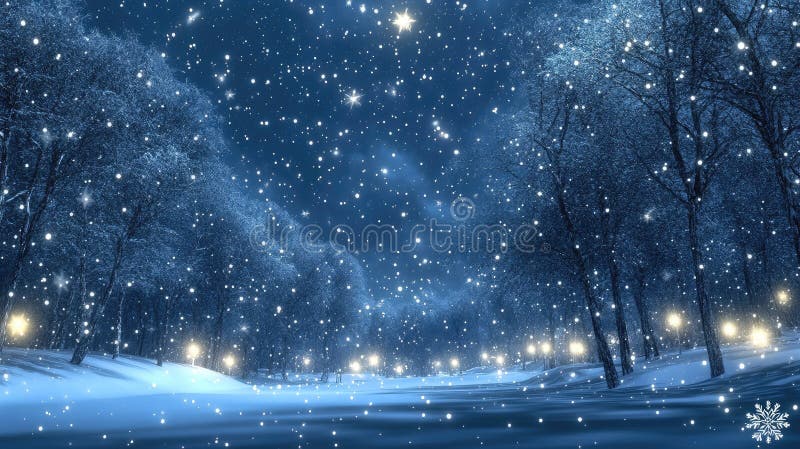 Snow Falling at Night in a Snowy Dark Forest, Lights and Stars Stock ...