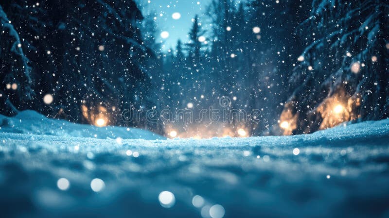 Snow Falling at Night in a Snowy Dark Forest, Lights and Stars Stock ...