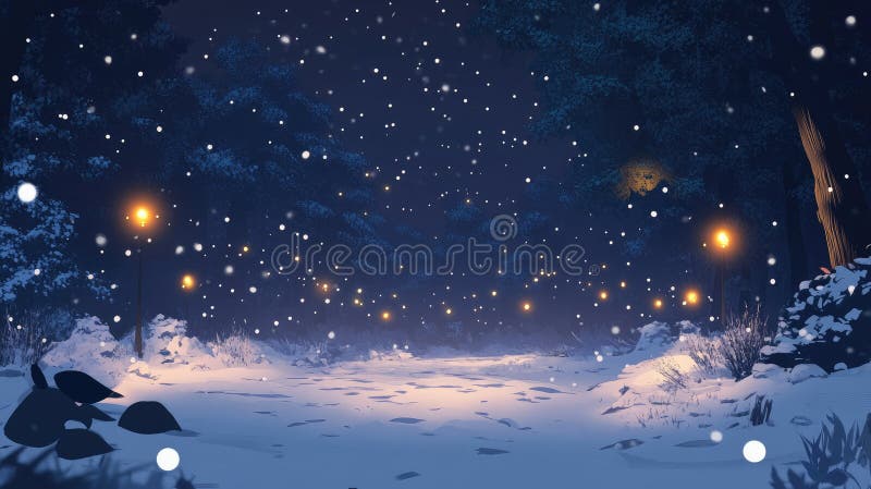 Snow Falling at Night in a Snowy Dark Forest, Lights and Stars Stock ...