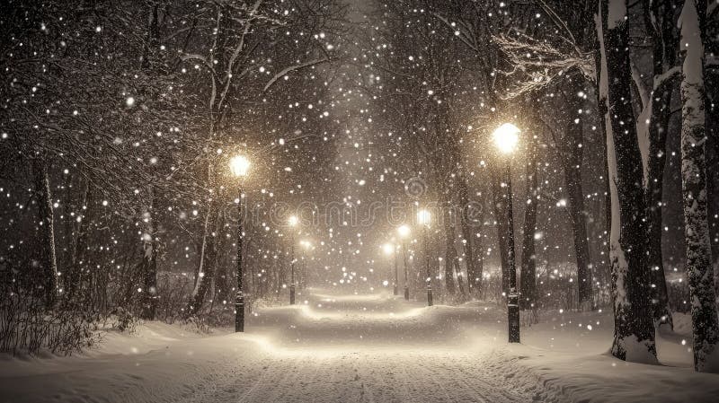 Snow Falling at Night in a Snowy Dark Forest, Lights and Stars Stock ...