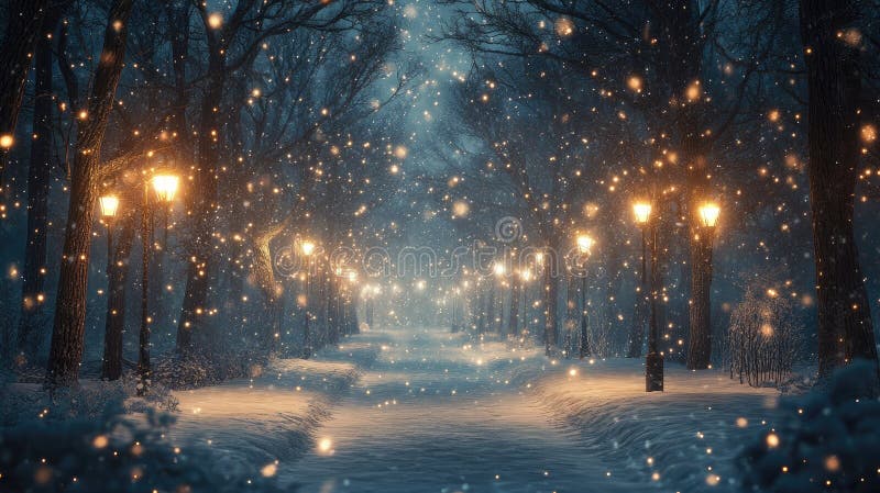 Snow Falling at Night in a Snowy Dark Forest, Lights and Stars Stock ...