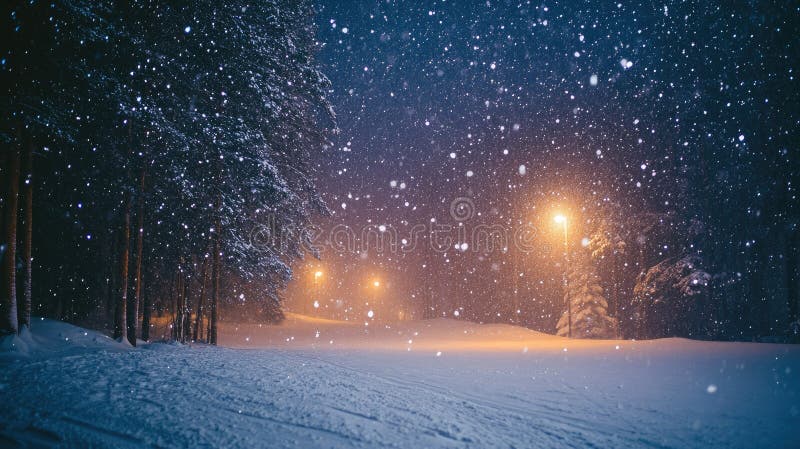 Snow Falling at Night in a Snowy Dark Forest, Lights and Stars Stock ...