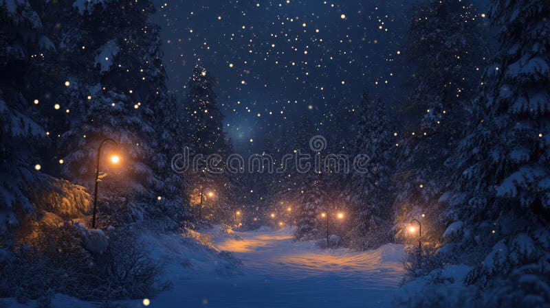 Snow Falling at Night in a Snowy Dark Forest, Lights and Stars Stock ...