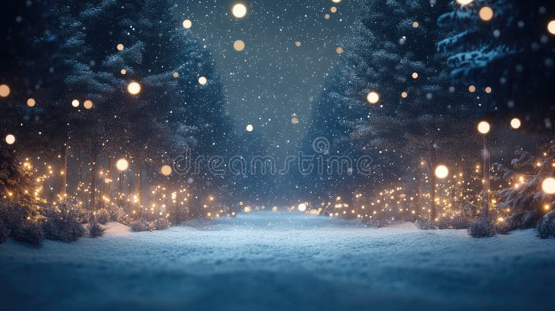 Snow Falling at Night in a Snowy Dark Forest, Lights and Stars Stock ...