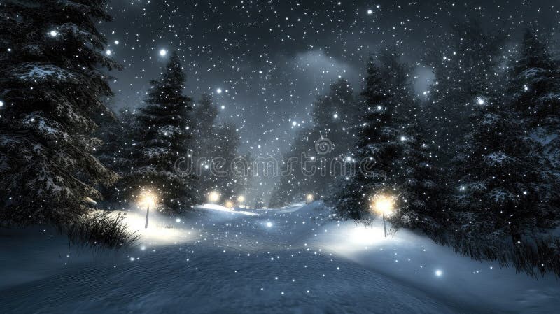 Snow Falling at Night in a Snowy Dark Forest, Lights and Stars Stock ...