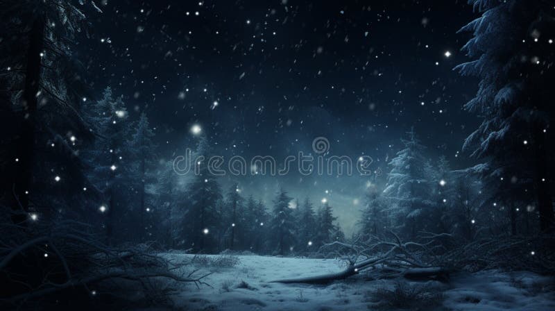 Snow Falling at Night in a Snowy Dark Forest with Lights and Stars ...