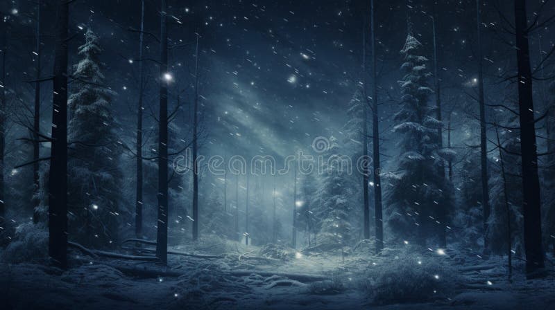 Snow Falling in a Snowy Dark Forest with Lights and Stars with Cloudy ...