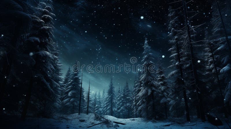 Snow Falling at Night in a Snowy Dark Forest with Lights and Stars ...