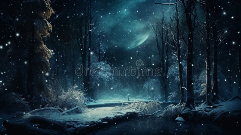 Snow Falling at Night in a Snowy Dark Forest with Lights and Stars ...