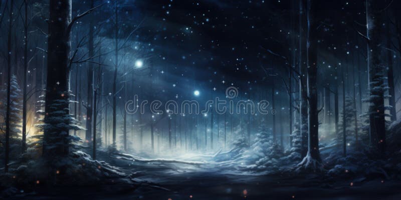 Snow Falling at Night in a Snowy Dark Forest with Magical Lights and ...