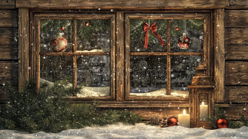 Snow Falling Outside a Rustic Cabin Window Decorated for the Holidays ...