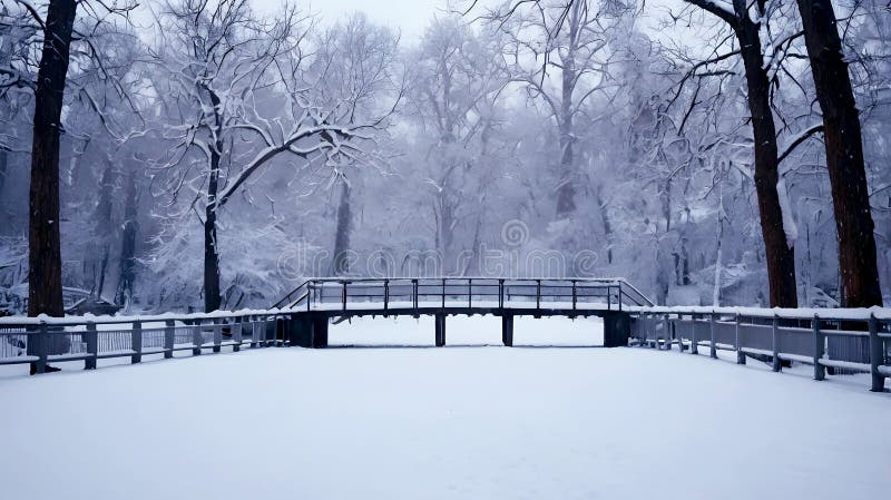 Snow Falling in Park and a Walking Bridge in Winter, Winter Landscape ...