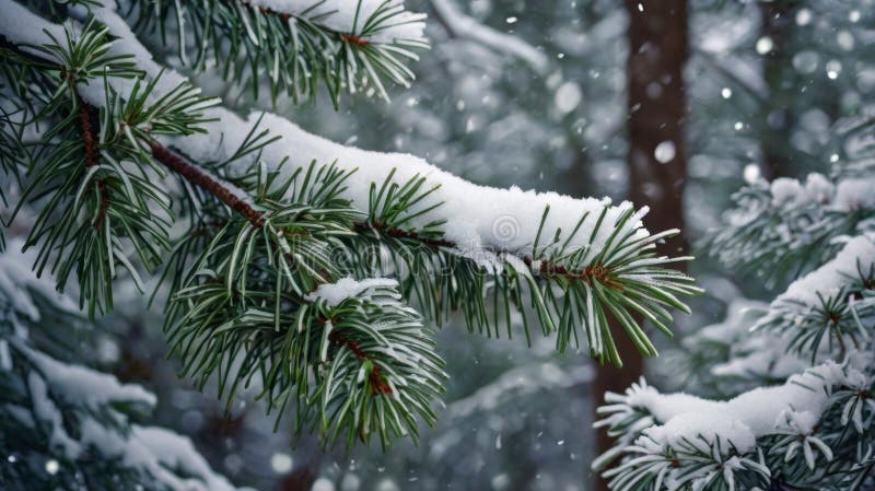 Snow Falling on Pine Tree Branch Covered in Snow in the Forest Stock Photo - Image of january ...