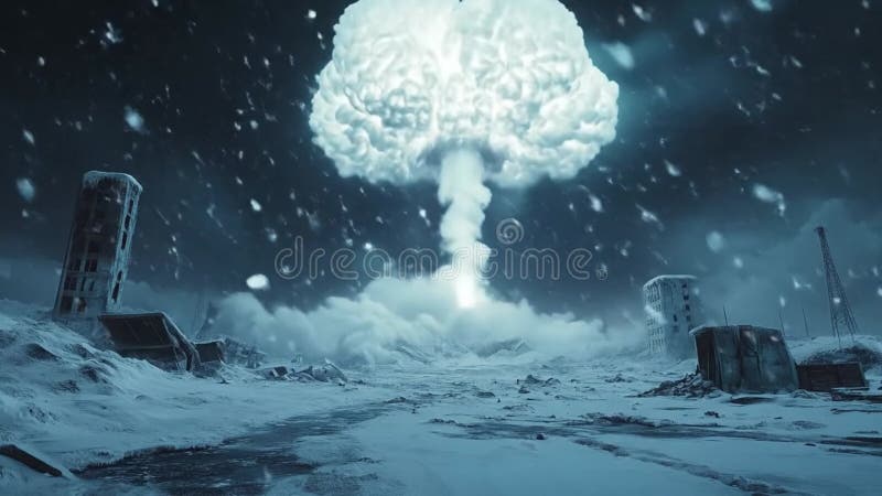 Snow Falling on Post-Apocalyptic Landscape with Cloud Explosion Stock ...