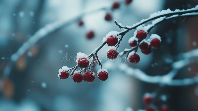 Snow Falling on Red Berries of a Snowy Branch in Winter Stock Photo ...