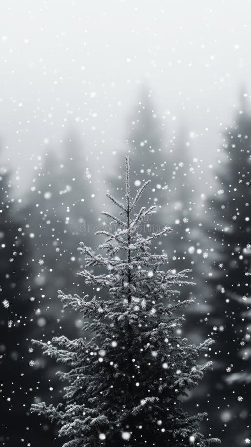 Snow Falling Softly Against a Blurred Snowy Pine Forest, Evoking a Calm ...