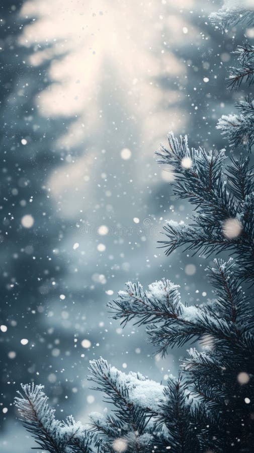 Snow Falling Softly Against a Blurred Snowy Pine Forest, Evoking a Calm ...