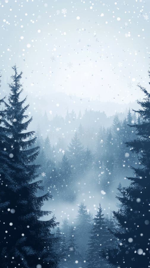 Snow Falling Softly Against a Blurred Snowy Pine Forest, Evoking a Calm ...