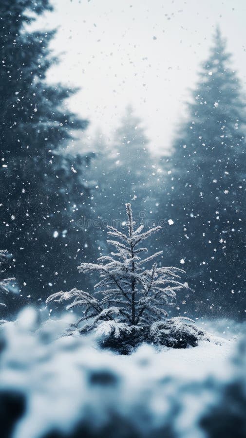 Snow Falling Softly Against a Blurred Snowy Pine Forest, Evoking a Calm ...