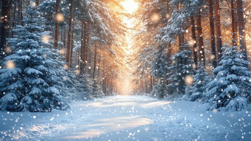 Snow Falling in the Sun Rays through the Trees in a Winter Forest Stock ...
