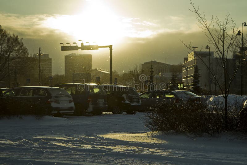 Snow falling & sunset stock photo. Image of traffic - 13304788