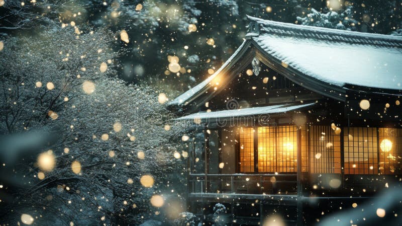 Snow Falling on a Traditional Japanese House with Illuminated Windows ...