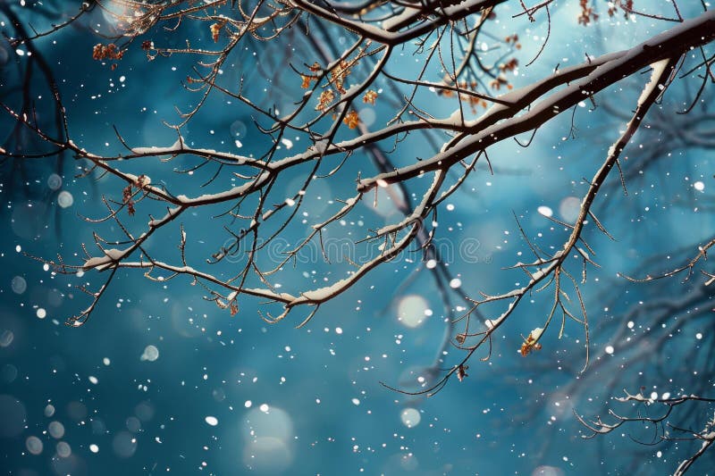 Snow Falling on Tree Branches with Blue Sky Background Stock Image ...