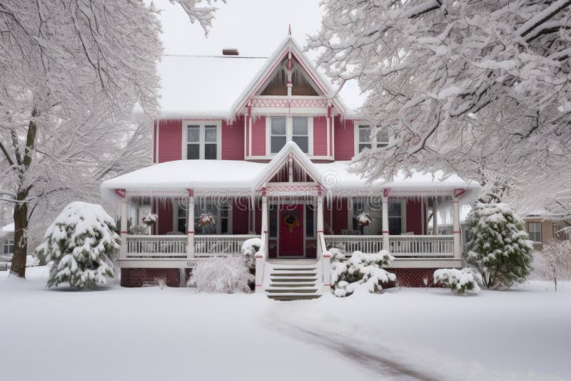 Snow Falling on Victorian Home with Wrap-around Porch Stock Image ...