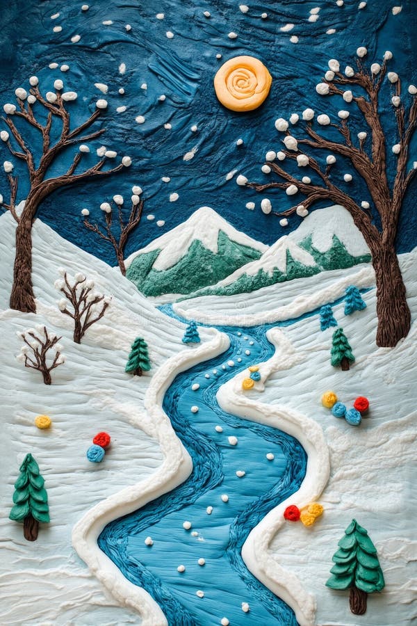 Snow Falling on Winding River through Snowy Mountains at Night with ...