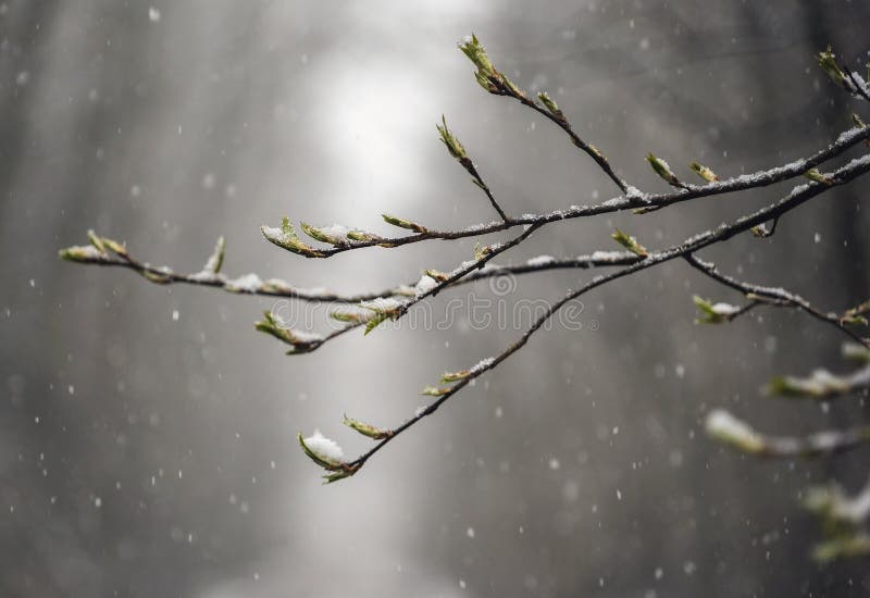 Snow Falls on the First Green Leaves in Spring Stock Photo - Image of ...