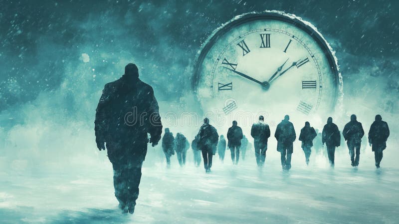 Walking through Time in a Snowy World with an Oversized Clock Stock ...