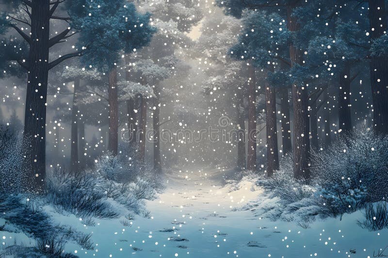 Snow Falls Softly in a Wintery Forest, Creating a Serene and Magical ...
