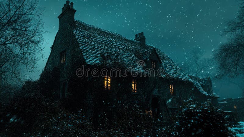 Snow Falls on a Stone Cottage at Night Stock Illustration ...