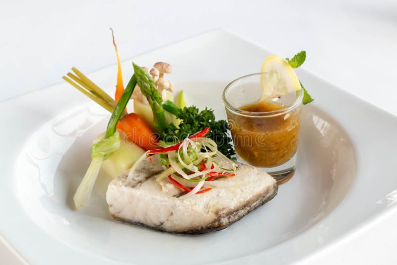 Snow Fish Steak with Sauce on Plate Stock Photo - Image of cuisine ...