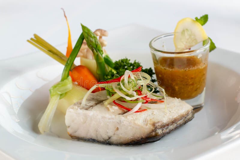Snow Fish Steak on White Plate Stock Image - Image of green, menu ...