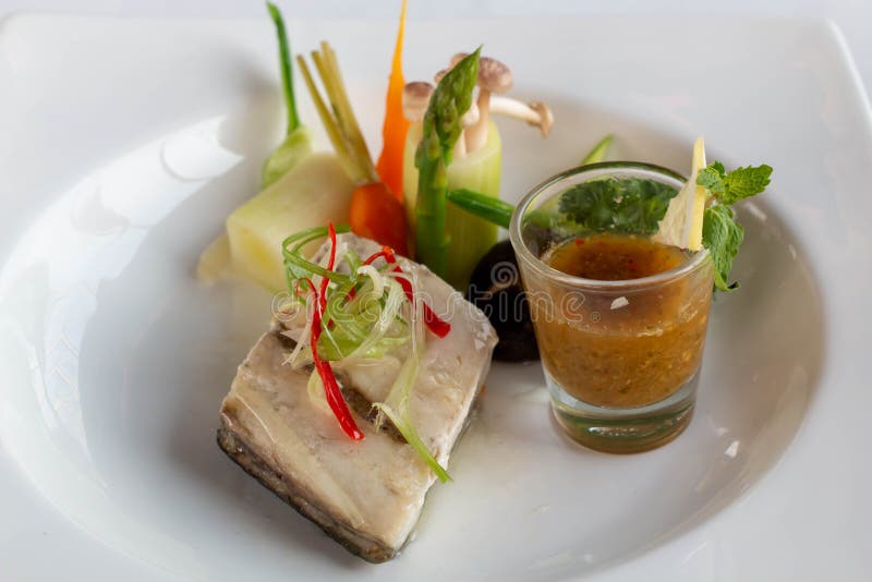 Snow Fish Steak with Sauce on Plate Stock Image - Image of salad, food ...