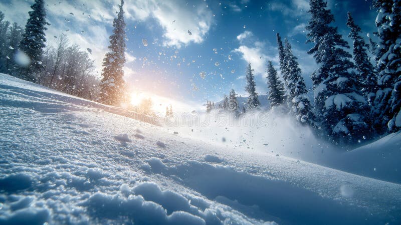 Snow Flying through the Air on a Sunny Snowy Mountain Slope Stock ...