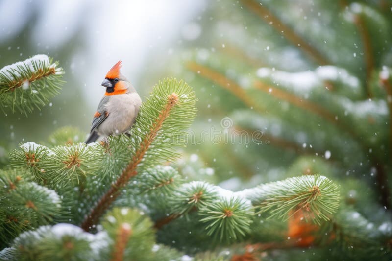 Snow-framed Cardinal Roosting in Evergreen Stock Image - Image of ...
