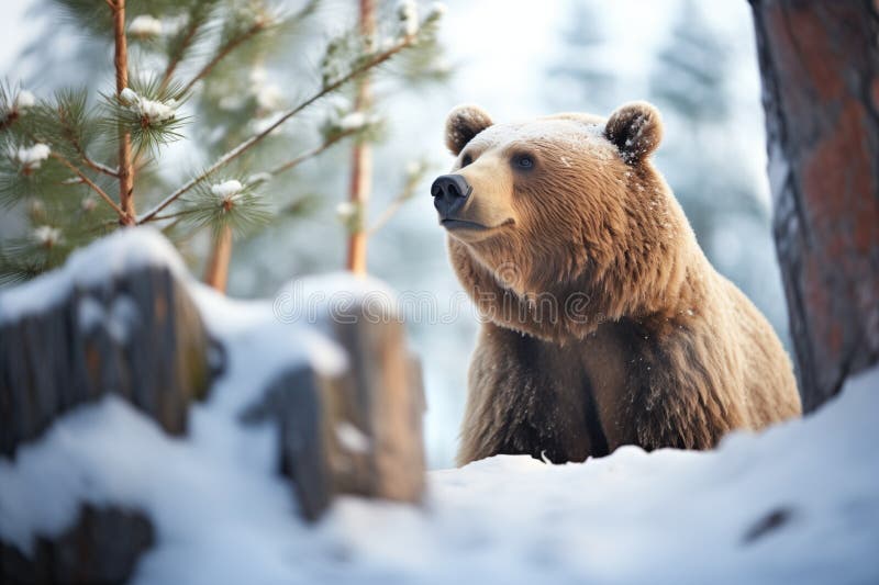 Snow-frosted Bear in Winter, Pine Trees Behind Stock Illustration ...