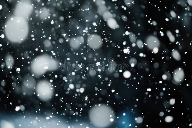 Snow is Gently Falling in the Dark Night Sky on a Black Background ...